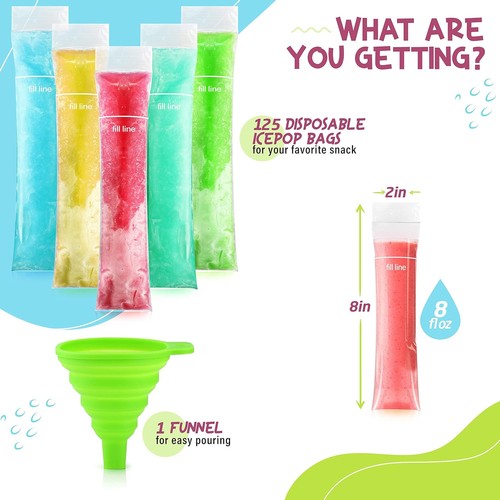 125 Disposable Popsicle Bags Safe Zip Seal Freezer Tubes For Healthy ...