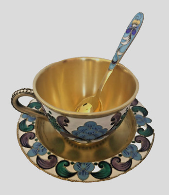Vintage Russian Gilded 916 Sterling Silver with Enamel Cup and Saucer ...