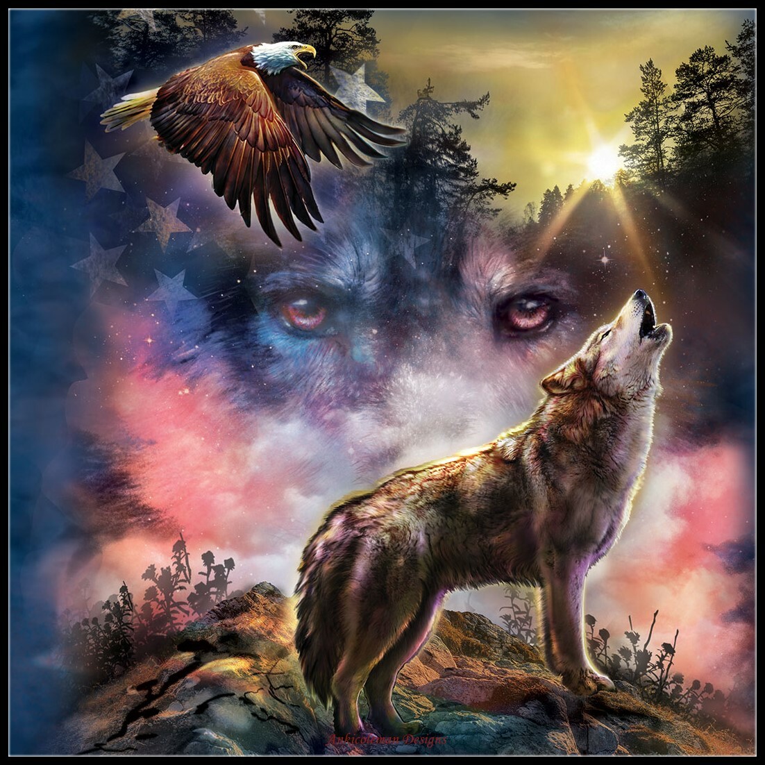Eagle Wolf Wallpapers Pictures Howling Wolf On Rock With Bird Fly...
