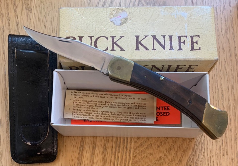 RARE 2 LINE INVERTED ON BACK SIDE OF BLADE BUCK 110 KNIFE USED IN BOX ...