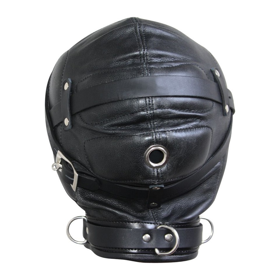 Genuine Black LEATHER GIMP Lockable O Ring Full Hood Mask Mouth Party ...