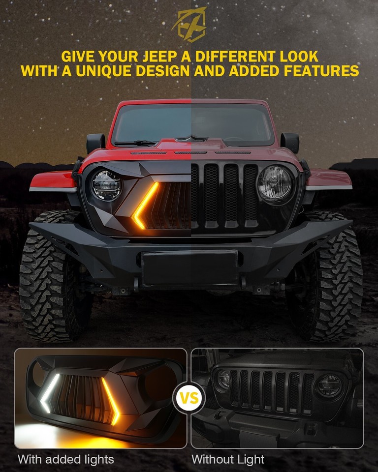 Xprite Front Matte Black Grille w/ Turn Signal Lights for 2018+ Jeep ...