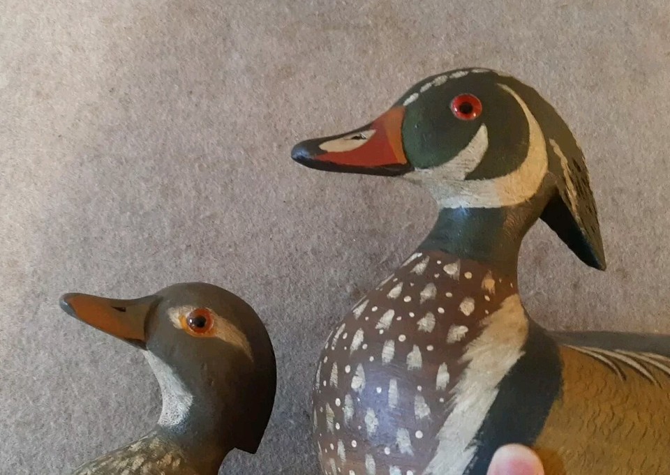 Pair Carved Wood Duck Decoys branded Reggie Birch Chincoteague VA | eBay