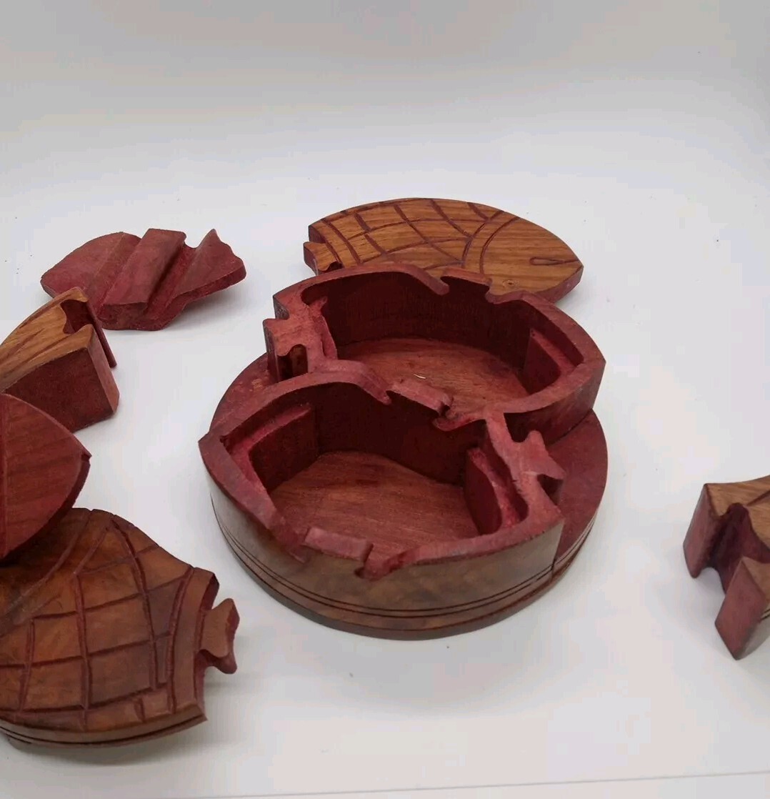 Carved engraved Wooden Puzzle box trinket box Jewelry Holder Fish Theme ...