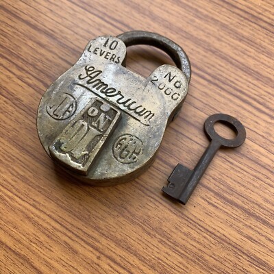 BRASS PADLOCK OR LOCK WITH KEY, TRICK or PUZZLE, OLD OR ANTIQUE, RICH ...