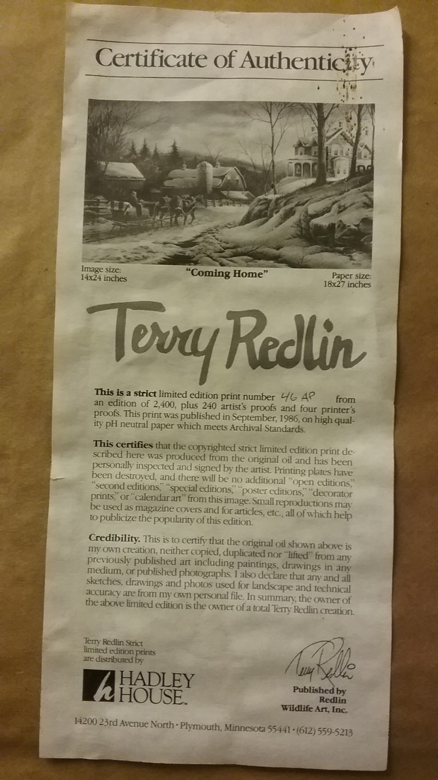 Terry Redlin Limited Edition “Coming Home” AP 46/240 Signed Framed RARE ...