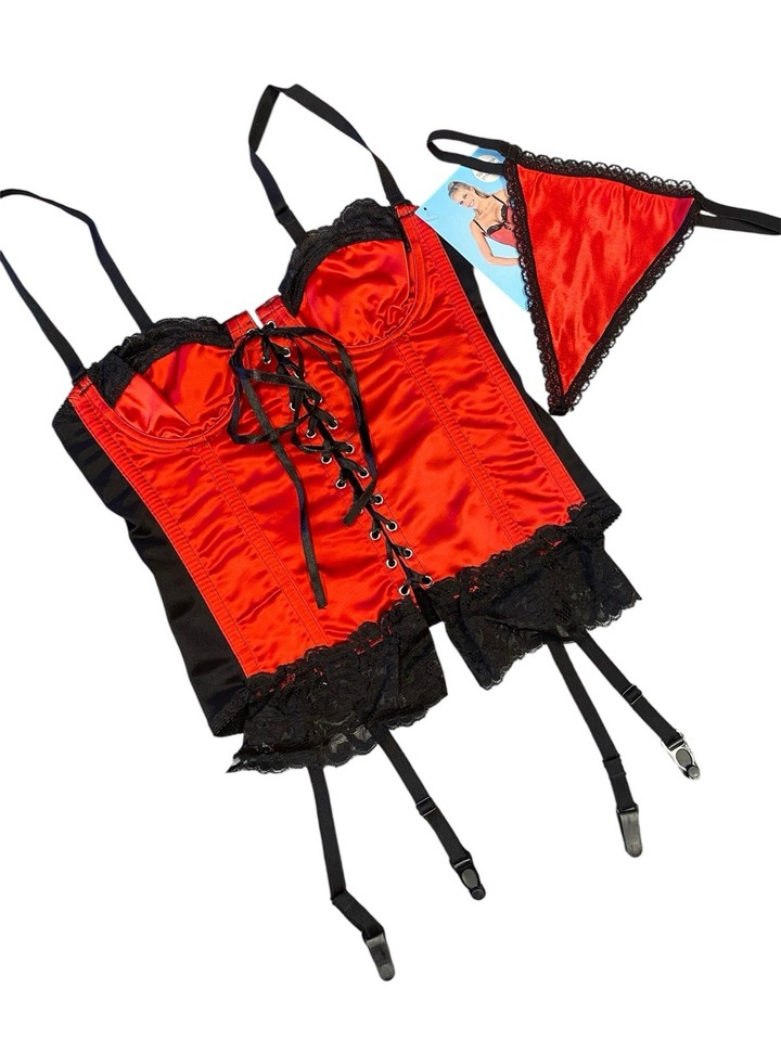 Red Satin Basque Corset Lingerie Set with Thong 32A–44DD Lace Up ...