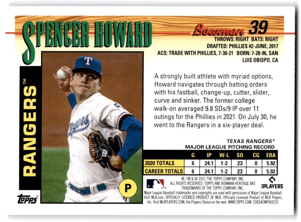 2021 Bowman Heritage Spencer Howard RC Texas Rangers #39 | eBay