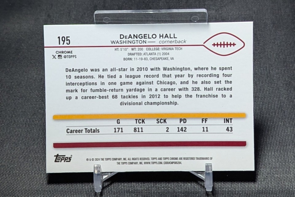 DeAngelo Hall Purple Refractor /275 2024 Topps Chrome #195 Washington ...