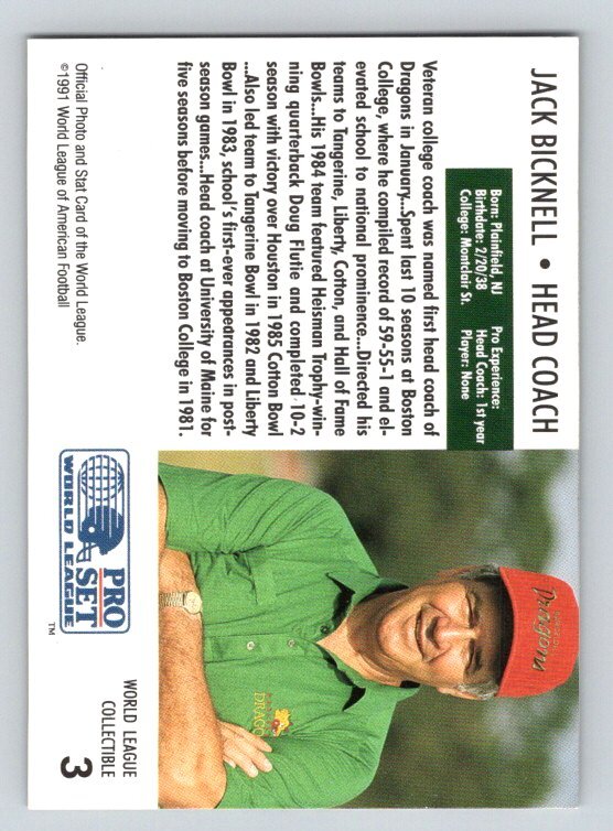 1991 Pro Set - WLAF Inserts CO #3 Jack Bicknell | eBay