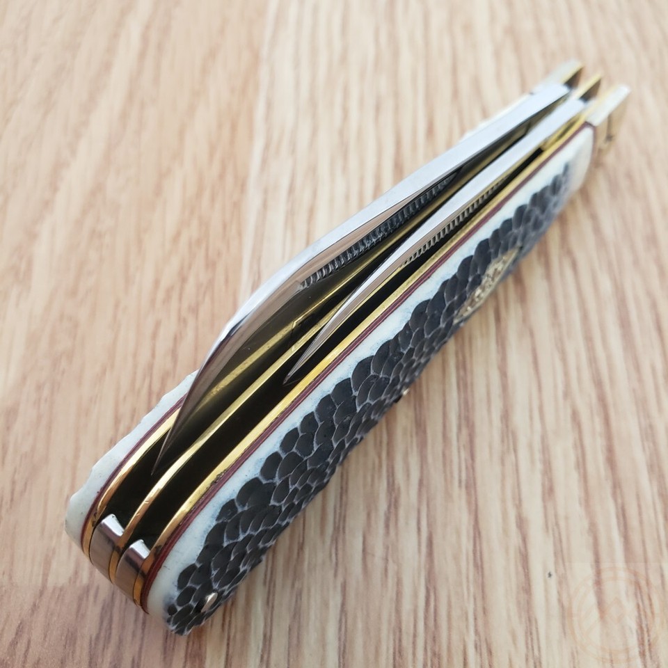 Rough Ryder Half Hawk Pocket Knife Stainless Steel Blades Buckshot Bone ...