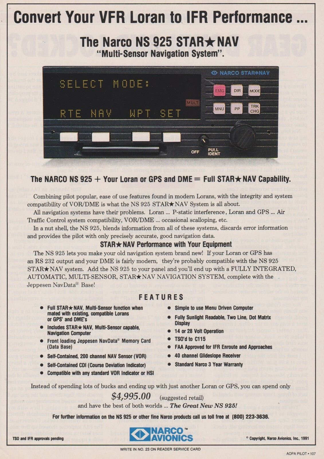 Aviation Magazine Print - Narco Avionics NS 925 STAR NAV LORAN, GPS ...