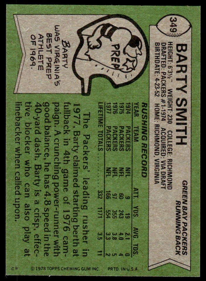 1978 TOPPS BARTY SMITH K GREEN BAY PACKERS #349 | eBay
