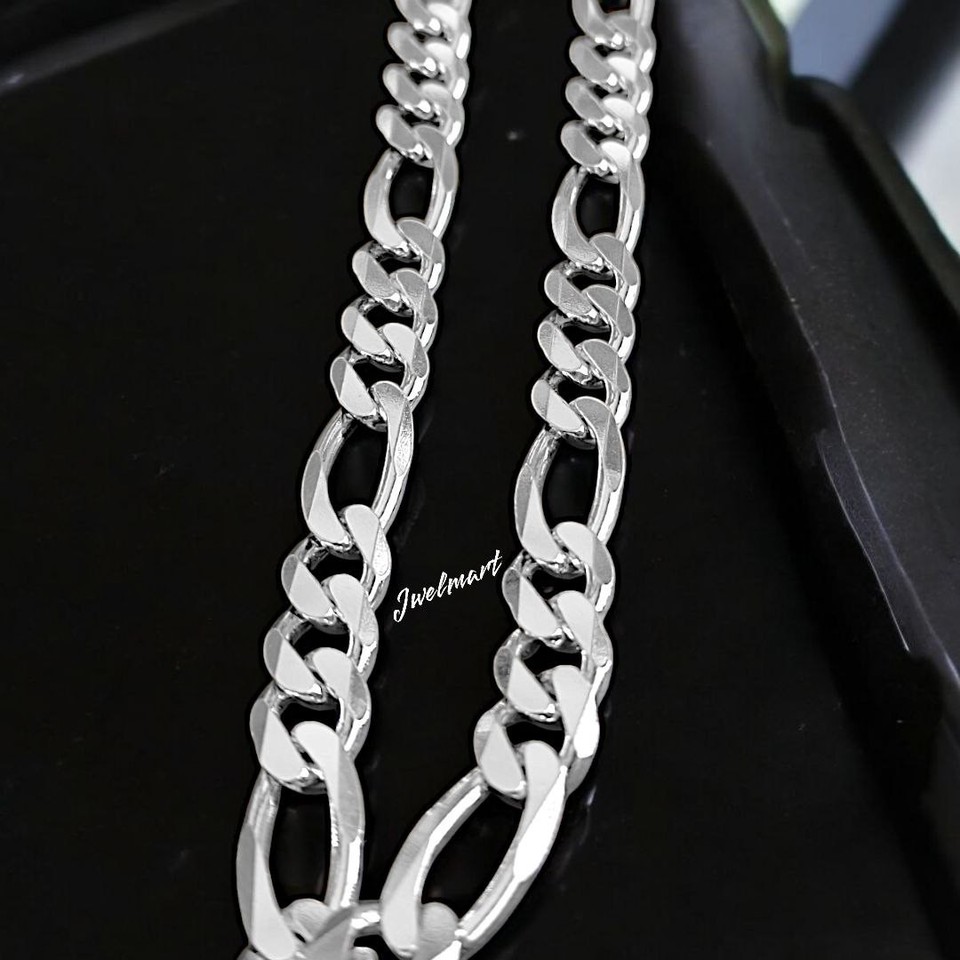 Real Sterling Silver Mens Diamond Cut Figaro Chain Necklace 925 Silver ...