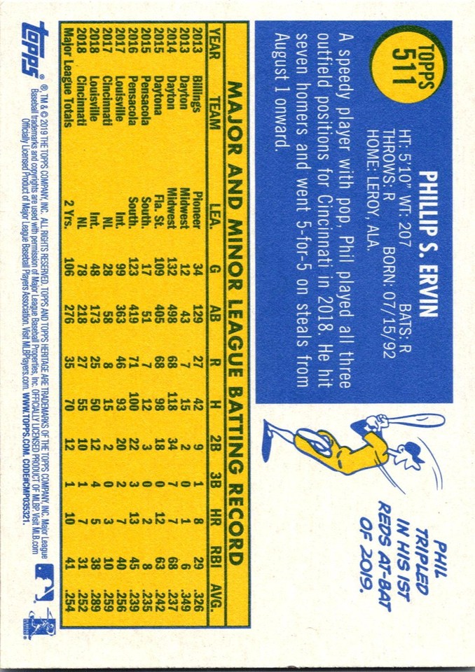 2019 Topps Heritage Phil Ervin #511 Cincinnati Reds | eBay