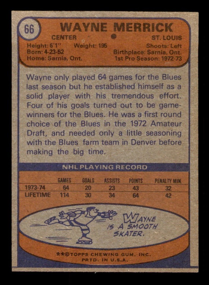 1974 Topps Hockey #66 Wayne Merrick EX/MT | eBay