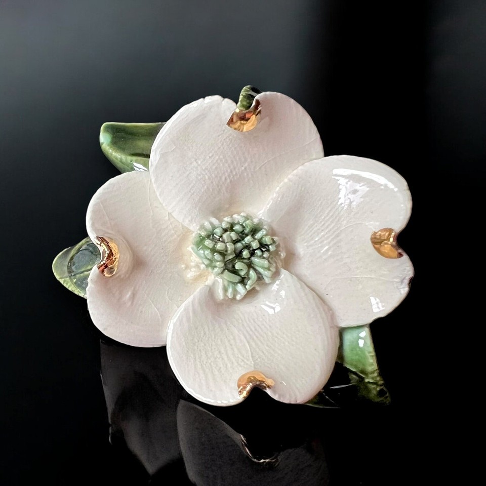 Dogwood Flower Brooch Hand-Painted Porcelain Gold Accents Botanical ...