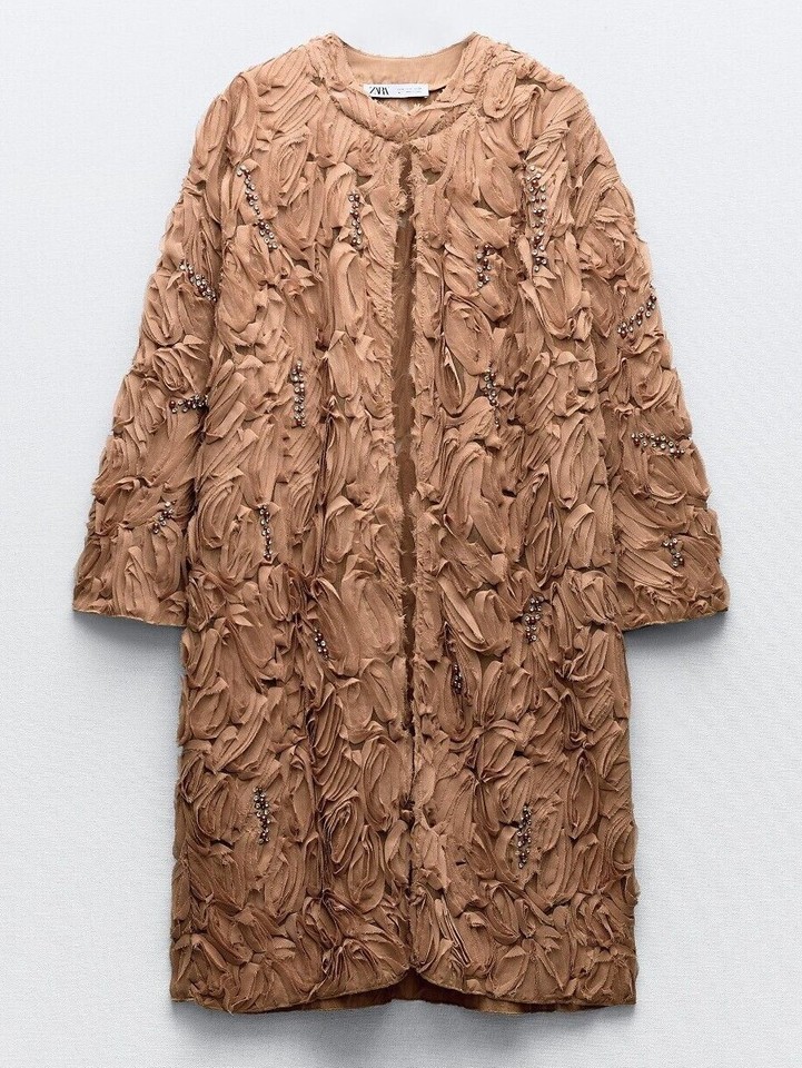 Zara Textured Coat With Faux Pearls And Beads Ochre Brown Tan S M 3920/ ...