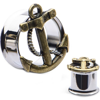 PAIR - TWO-TONE NAUTICAL ANCHOR TUNNELS DOUBLE FLARED STEEL EAR PLUGS ...