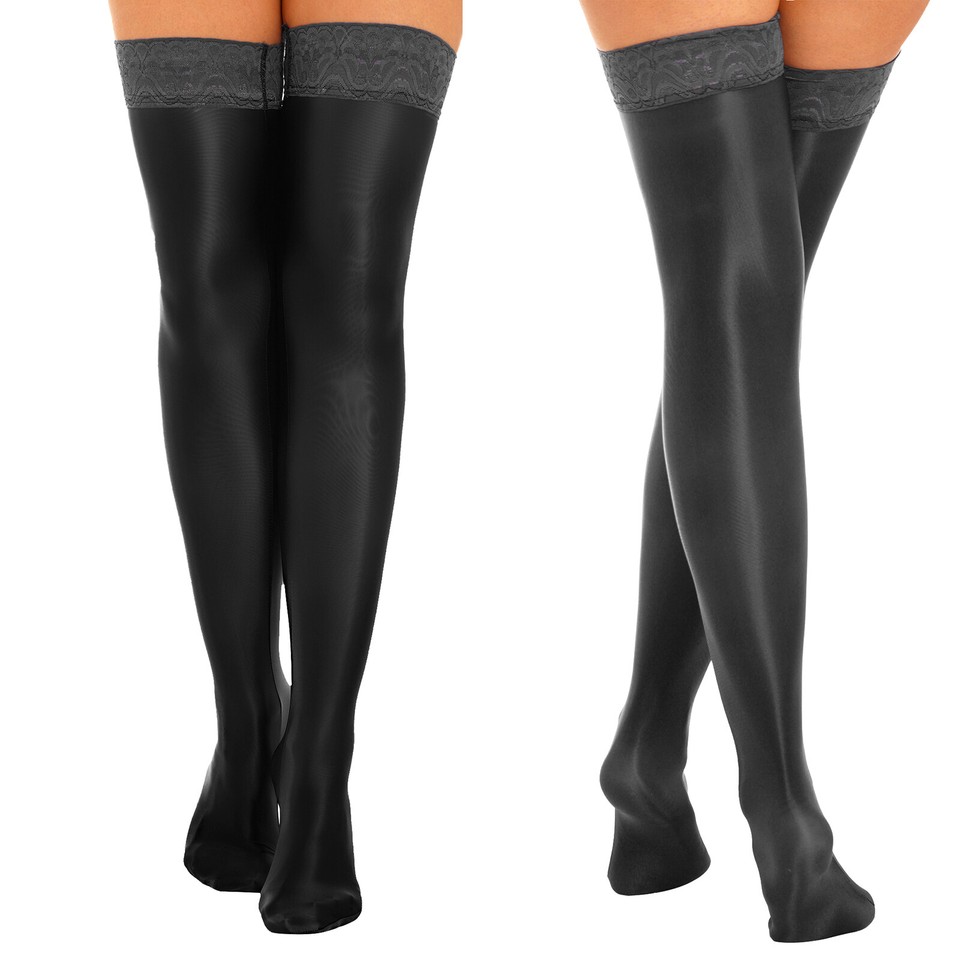 Women's Glossy Sheer Thighs High Stockings Lace Over the Knee Socks ...