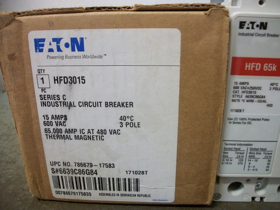 CUTLER-HAMMER HFD CIRCUIT BREAKER HFD3015 15AMP 600VOLT 3POLE RED NIB ...