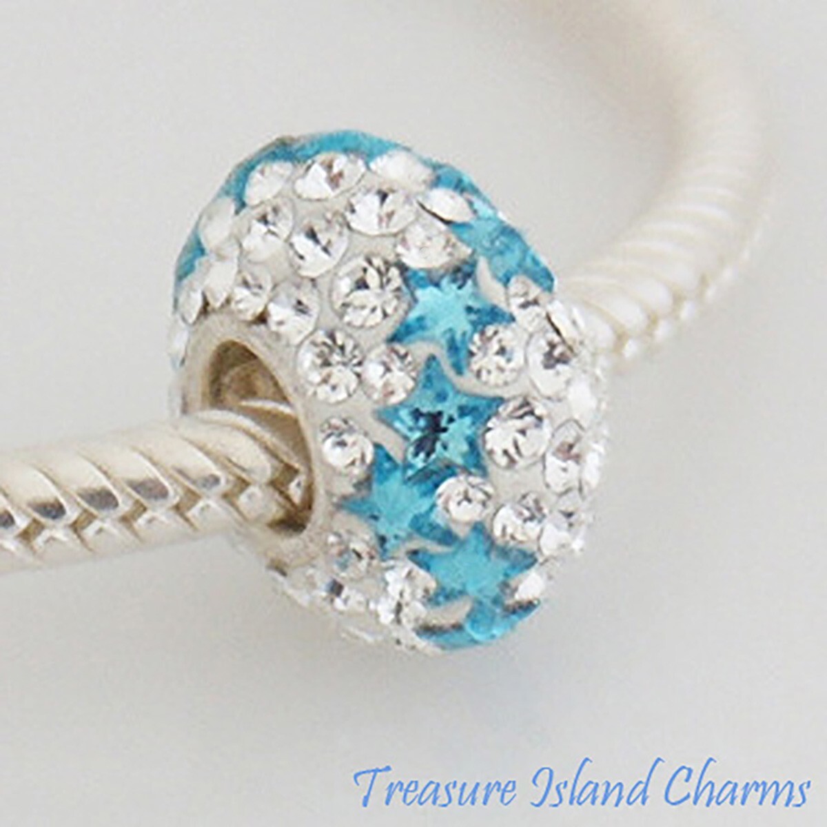 Blue Stars on Clear White CZ Crystal 925 Sterling Silver European Bead ...