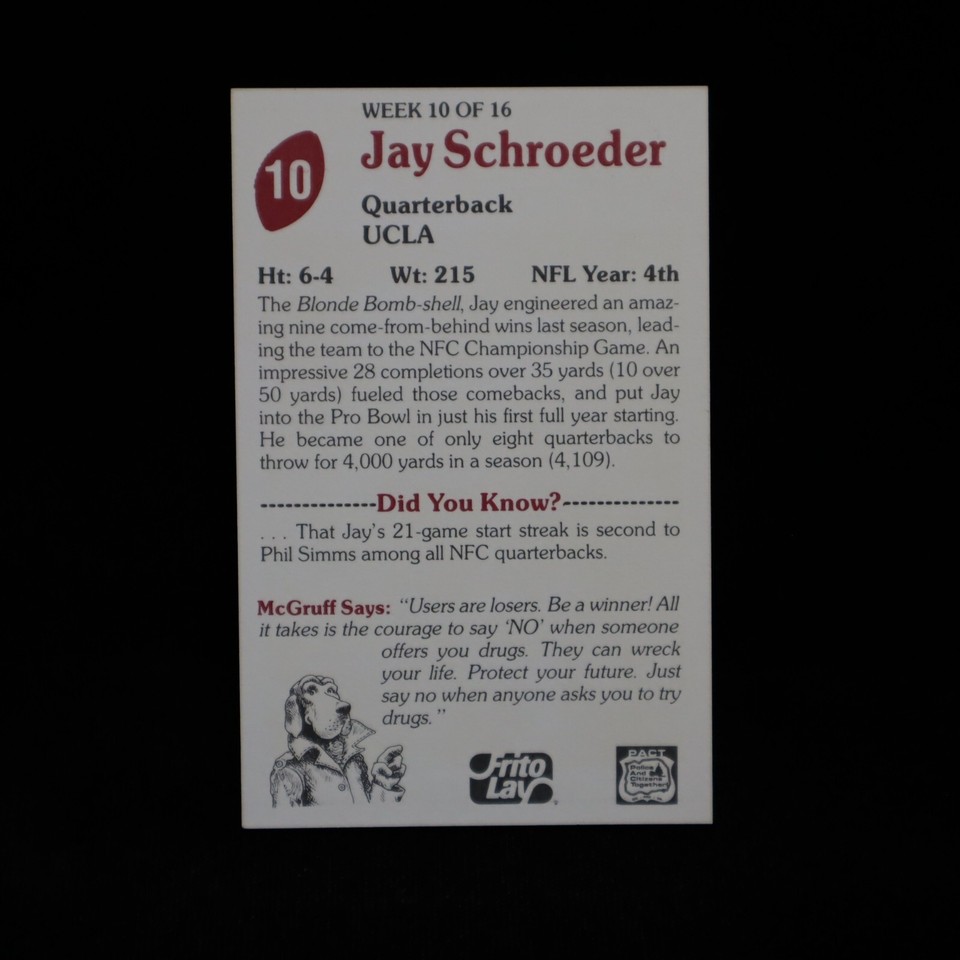 1987 Jay Schroeder Washington Redskins McGruff Frito Lay Police Card ...