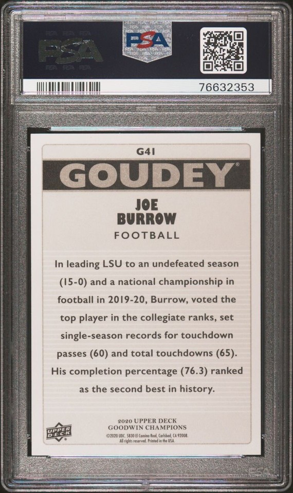 2020 UD Upper Deck Joe Burrow Rookie RC PSA 9 Goodwin Champions Goudey ...