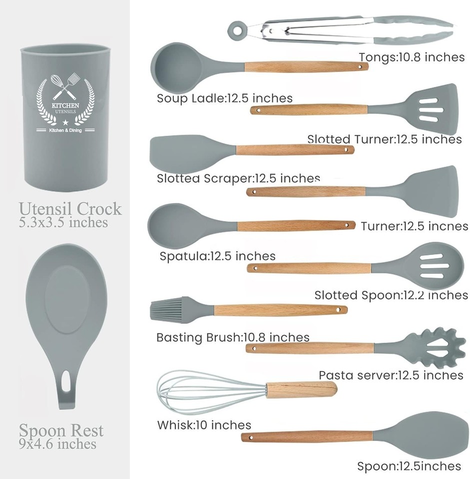 FXY Silicone Kitchen Utensils Set,13 Pcs Wooden Handles Spatula Set ...