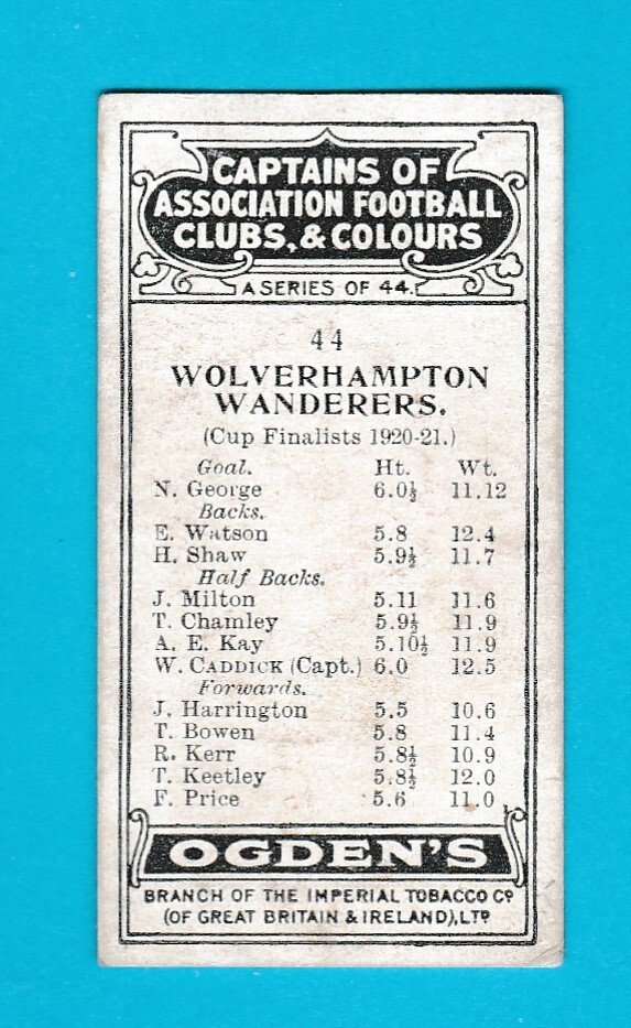 CAPTAINS OF FOOTBALL CLUBS & COLOURS - WOLVERHAMPTON WANDS - OGDENS LTD ...