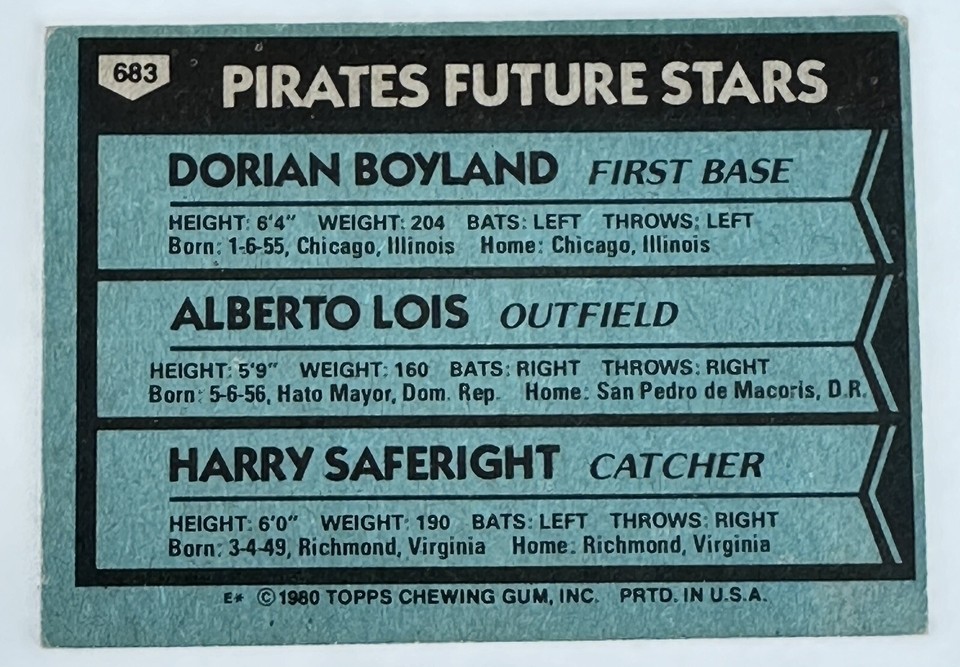 1980 Topps Future Stars #683 Harry Saferight, Alberto Lois, Dorian ...