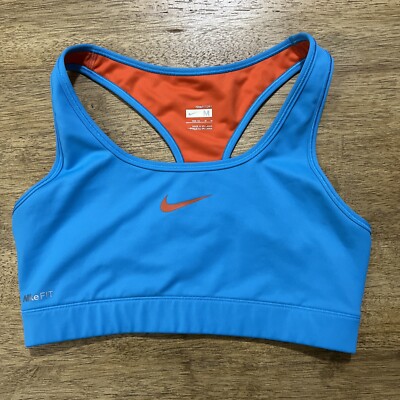 Nike Pro Sport Bra Women’s M (8-10) Blue Racerback Fit-Dri Orange Logo ...