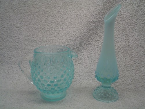 Fenton blue opalescent hobnail Swung Vase & Pitcher | eBay