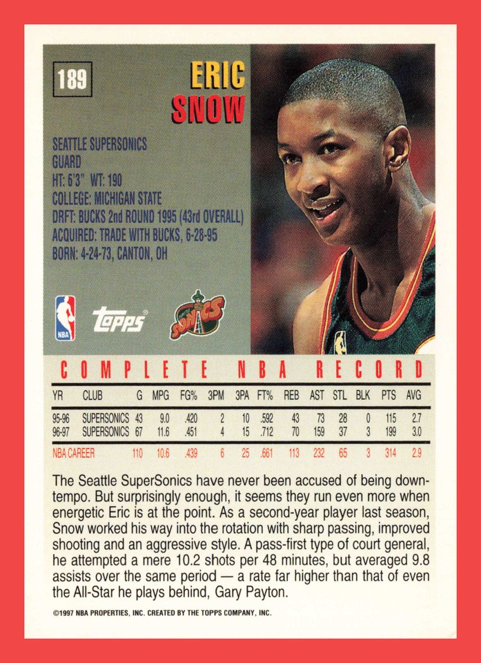 Eric Snow #189 1997-98 Topps Seattle SuperSonics | eBay