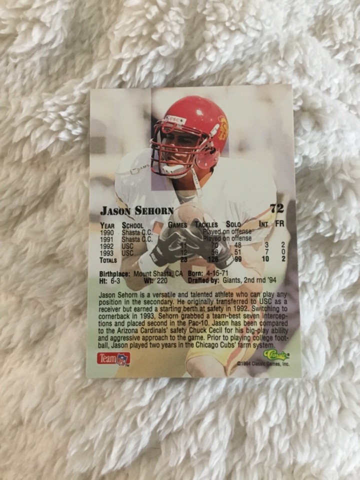 Jason Sehorn 1994 Classic NFL Draft #72 New York Giants USC IP ...