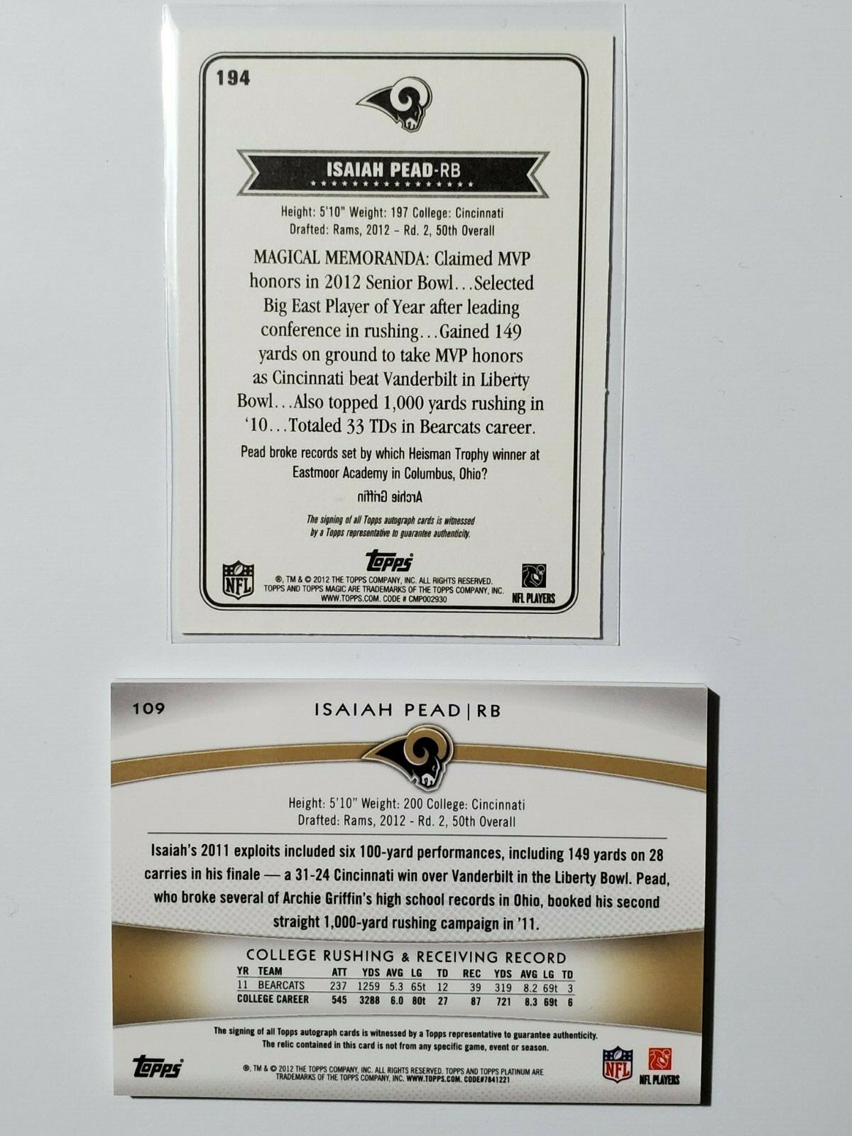 ISAIAH PEAD 2012 TOPPS ROOKIE AUTO AUTOGRAPH JERSEY RC CARD LOT (2) | eBay