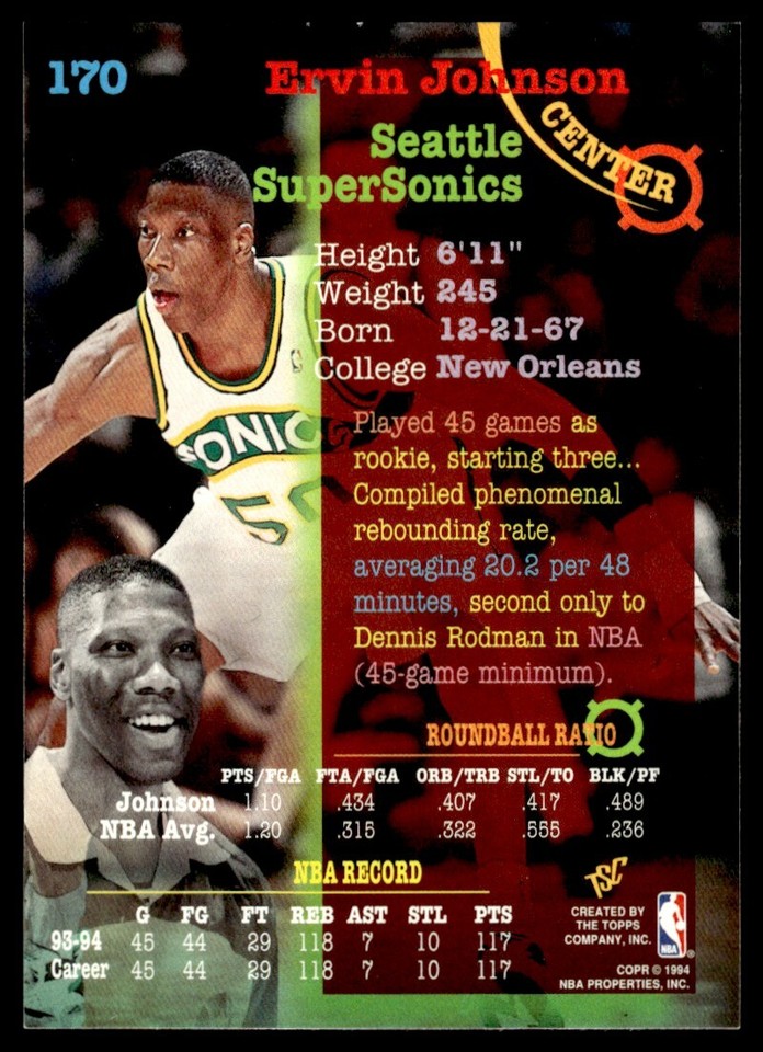 1994-95 Stadium Club #170 Ervin Johnson Seattle SuperSonics | eBay
