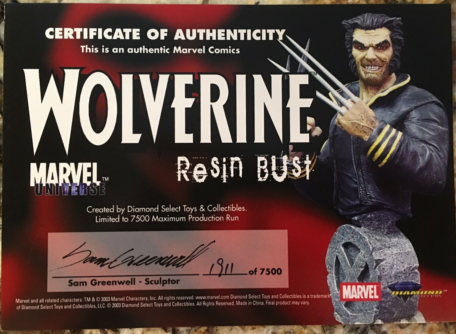 MARVEL Universe WOLVERINE Resin Bust 6" Tall 1911/7500 Sam Greenwell ...