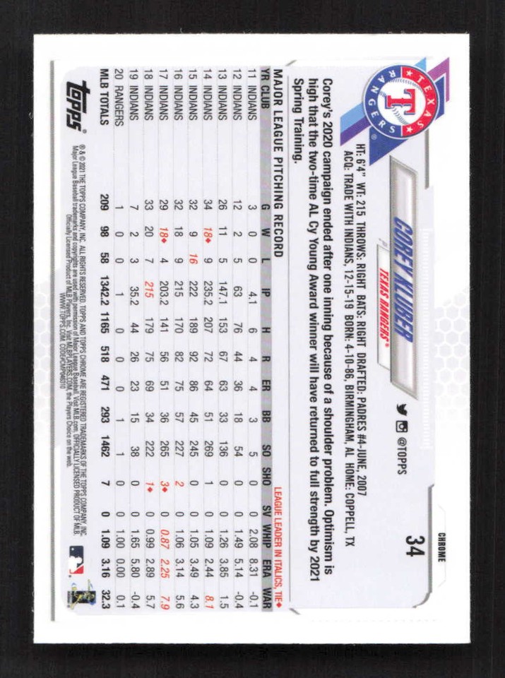 Corey Kluber 2021 Topps Chrome X-Fractor Texas Rangers #34 | eBay