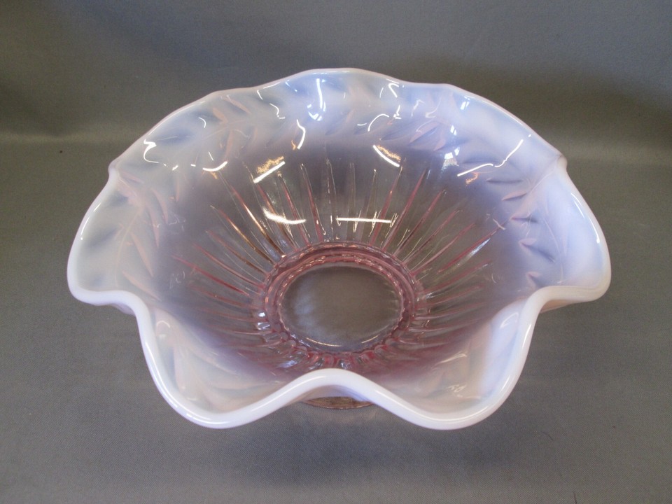 Fenton Glass PINK OPALESCENT Ruffled Open Compote Bowl Leaf Pattern 11. ...
