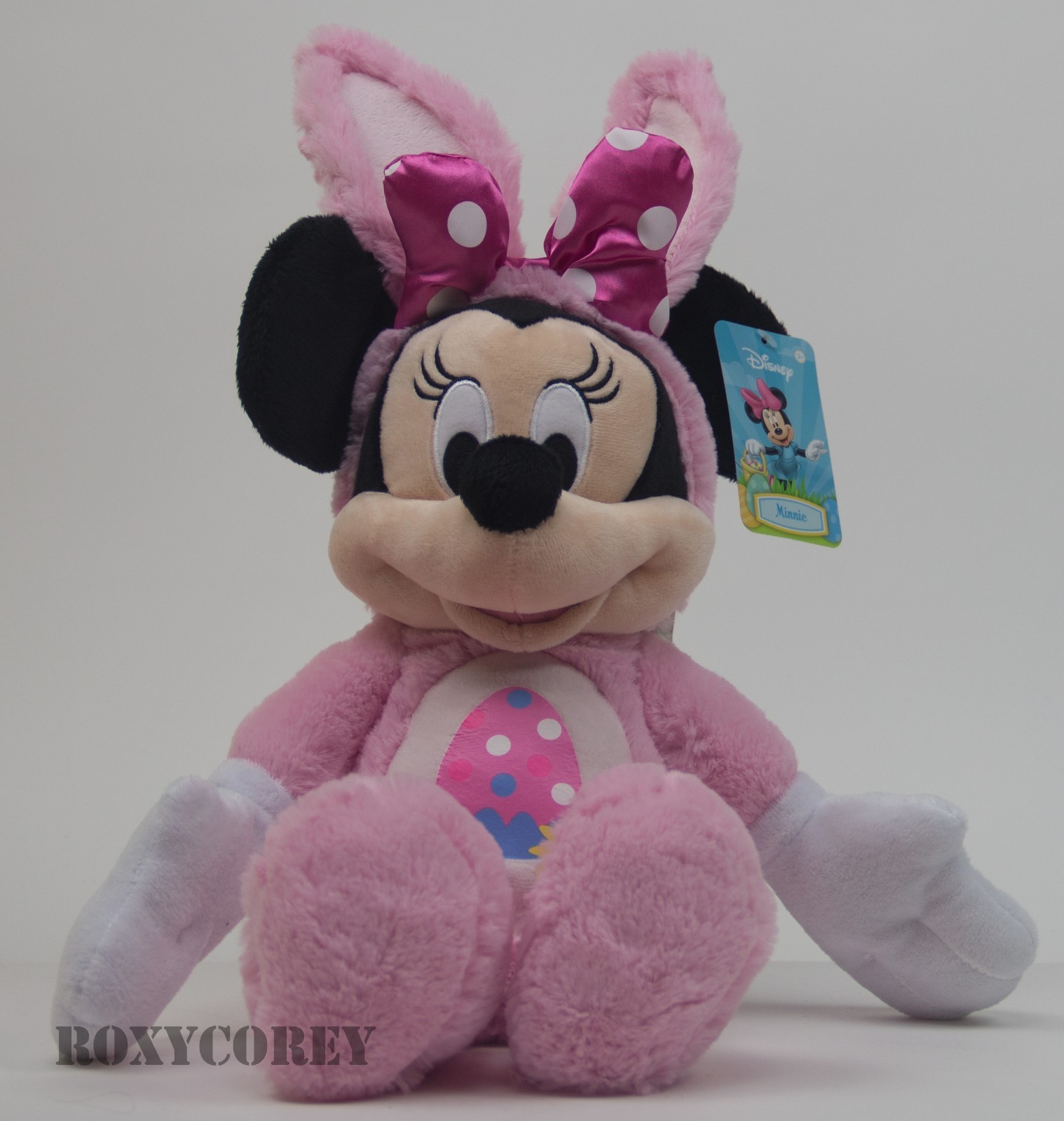 Disney Minnie Mouse Easter Bunny Egg Flower Pink Satin Dot Bow Plush ...