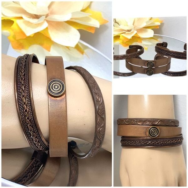 Three wonderful vintage copper color cuff bracelets. - Gem