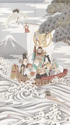 Japanese Noren Tapestry Curtain Crane Turtle Seven Lucky Gods Lace Made ...