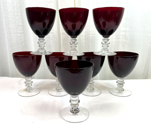 Stemware...VTG Ruby Red Water Goblet Blown Glass Clear Stem Set of 8 ...