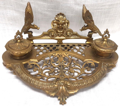 Fancy Antique 19th Century Solid Brass DOUBLE INKWELL With GRIFFINS ...