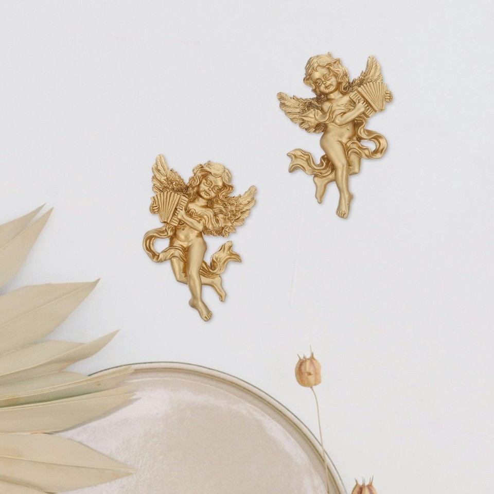 1 Pair Cherub Decor: Resin Winged Angel Wall Sculptures - Holding Harp ...