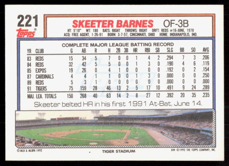 1992 Topps 221 Skeeter Barnes Detroit Tigers | eBay