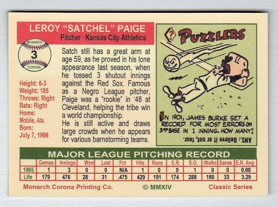 Satchel Paige Kansas City Athletics / MC Classic #3 / FREE SHIP / NM+ ...