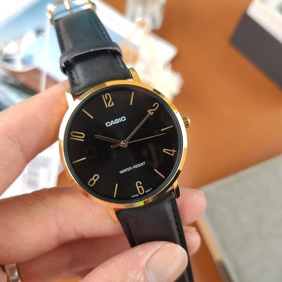 Casio MTP-VT01GL-1B2 Analog Black Leather Black Dial Quartz Men's ...