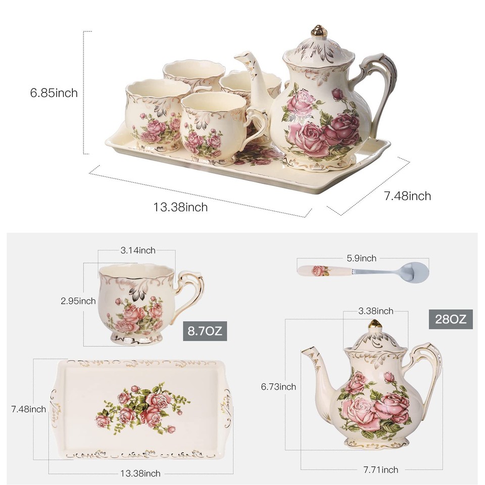 Porcelain Tea Set Vintage Rose Tea Cups With Teapot Serving Tray And ...